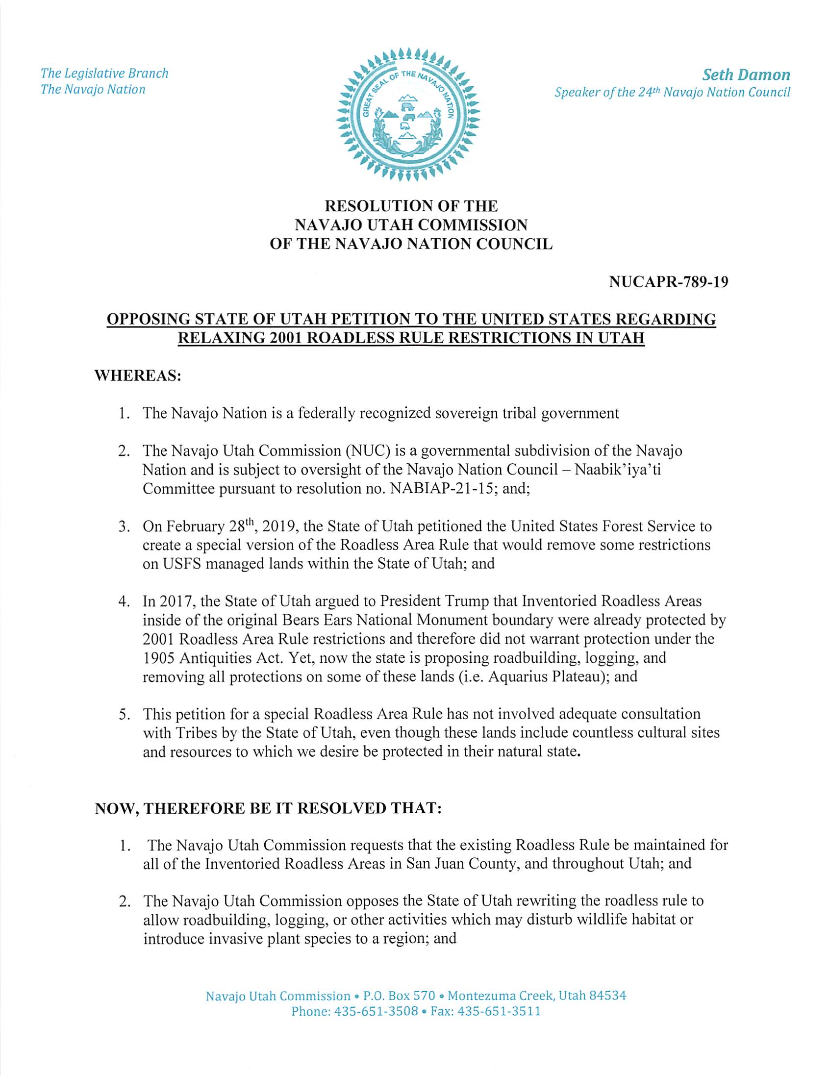 Navajo Roadless Rule Resolution – Utah Dine Bikeyah